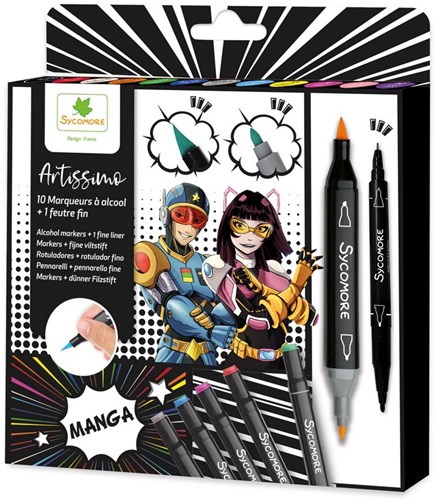 Sycomore Manga - 10 Marqueurs à alcool + 1 Feutre fin Planet Happy DE